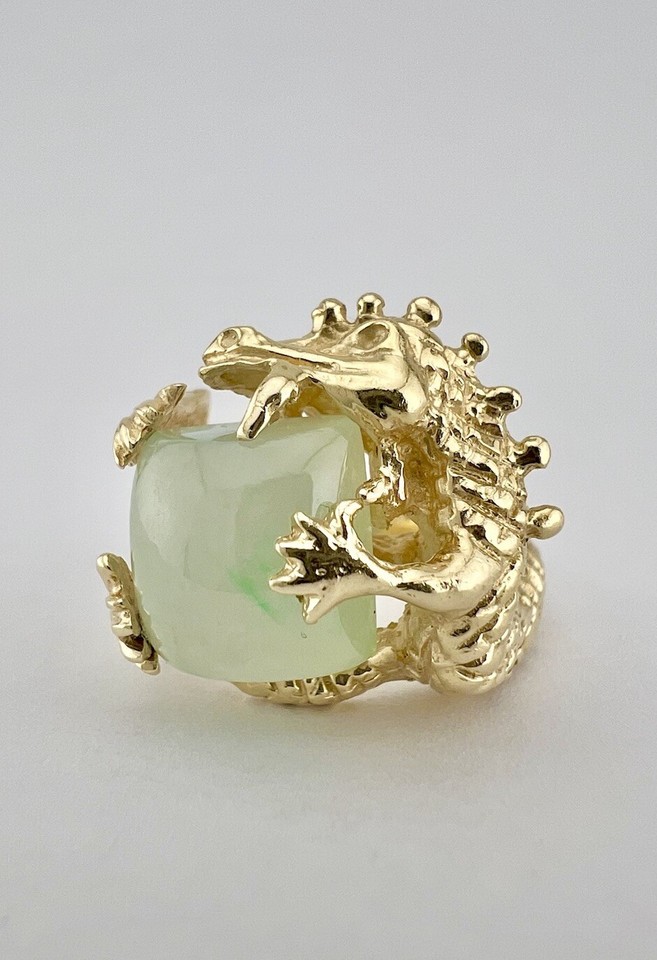 Vintage Chinese 14k Yellow Gold & Light Green Jade Dragon Eternity Ring ...