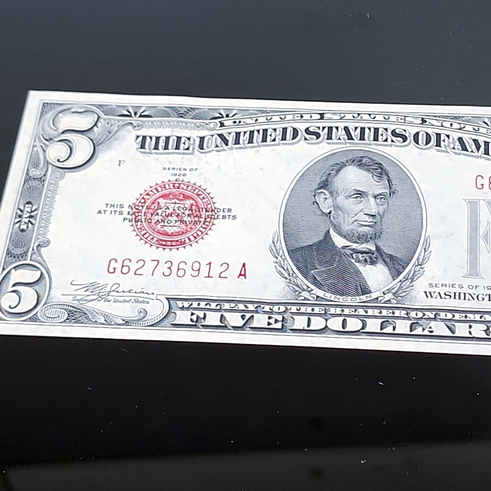 1928-D $5 Red Seal Legal Tender Note G/A Block Lincoln US Currency AU ...