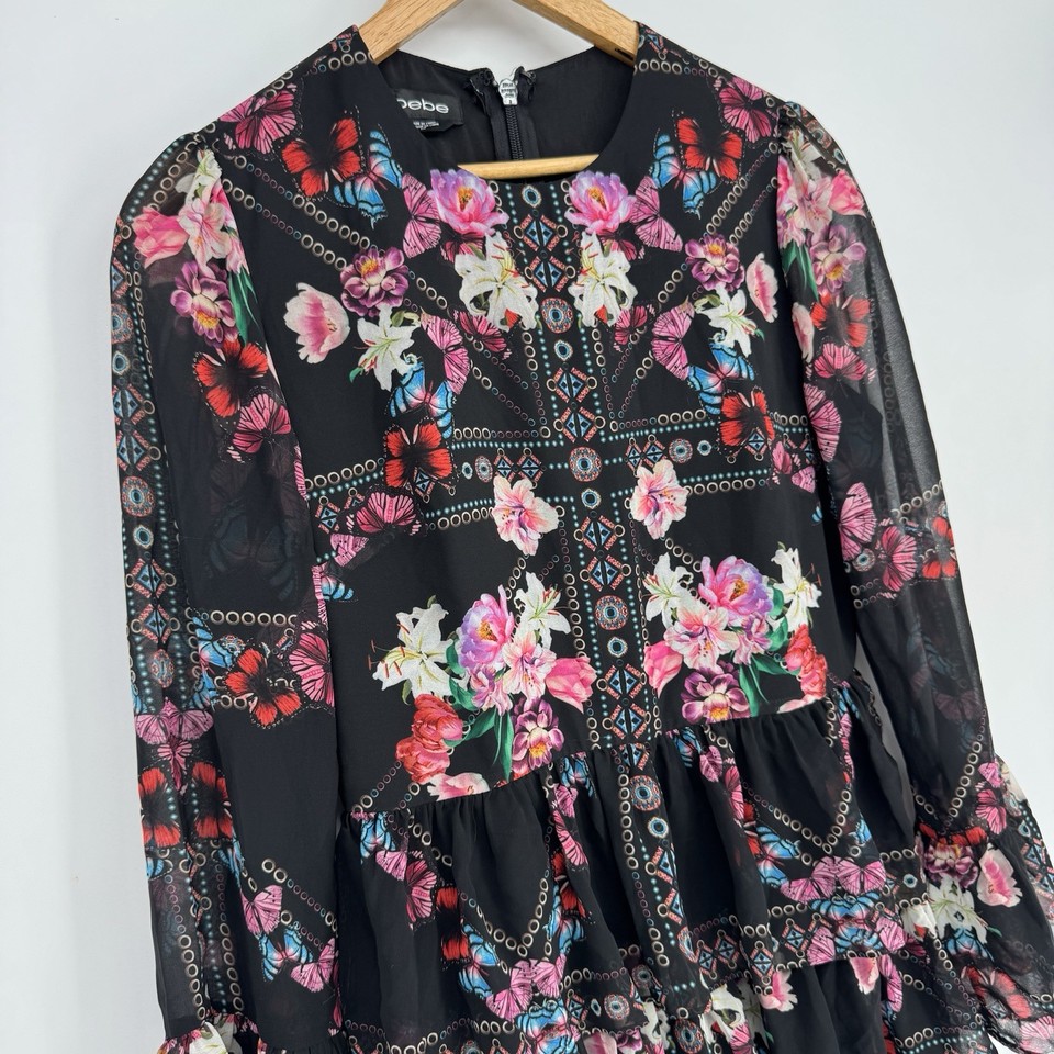 Bebe Bell Sleeve Dress Women’s Small Black Pink Floral Chiffon Clara ...