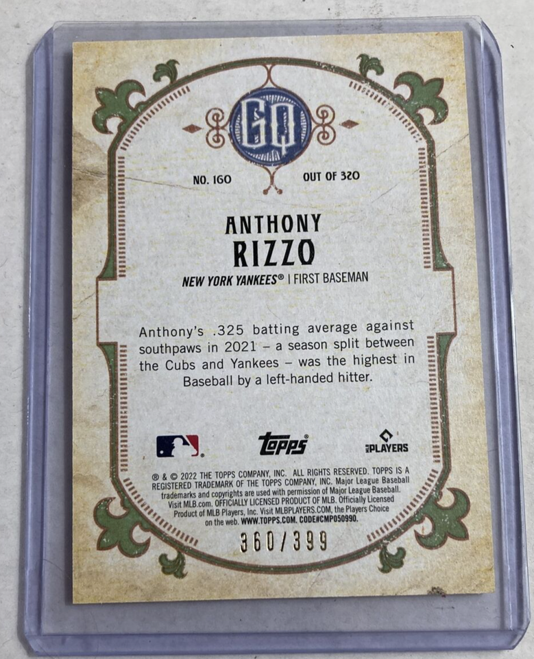 2022 Topps Gypsy Queen #160- ANTHONY RIZZO Burnt Umber SP #'d/399 | eBay