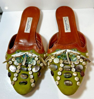 Women Oscar De La Renta Green Suede Leather MOP Shell Sz 7.5 US Flat ...