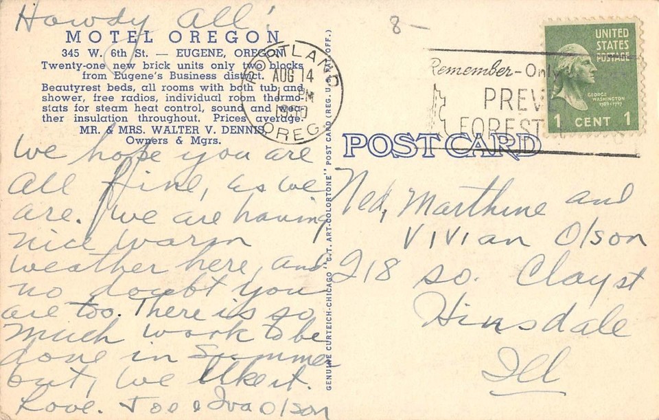 Eugene, Oregon MOTEL OREGON Roadside 1950 Linen Walter Dennis Vintage ...