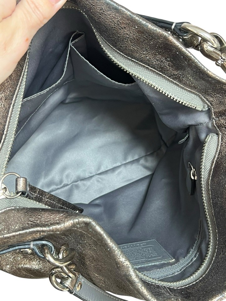 COACH Brooke Handbag Leather Pewter Silver Metallic Hobo Bag Purse ...