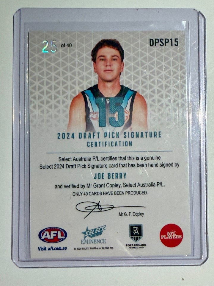 2025 AFL Select Eminence DPS Signature Platinum JOE BERRY 25/40 Port ...