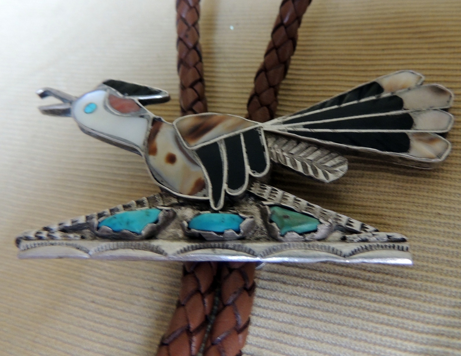 Splendid Best! Zuni attr. Ted Edaakie Mosaic Inlay Roadrunner Bolo Pre ...
