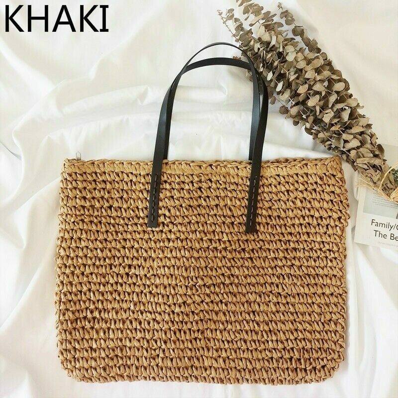 Ladies Tote Bags Straw Rattan Wicker Handbag Fashion Holiday Beach ...