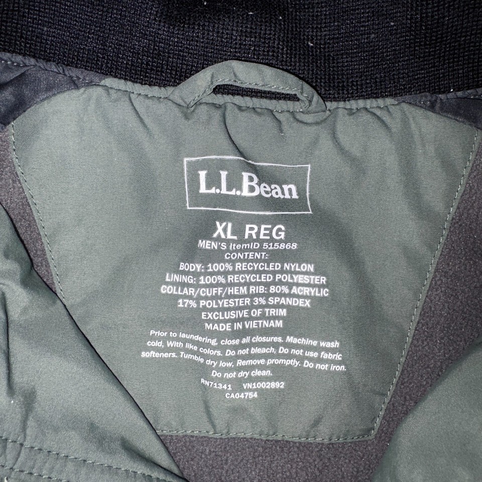 LL Bean Bomber Jacket Mens XL Reg Olive Green Fleece Lined Full Zip ...