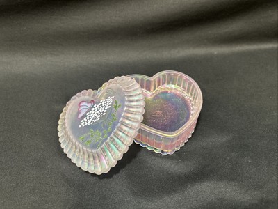 Fenton Heart Shaped Pink Iridescent Trinket Box Floral Butterfly ...