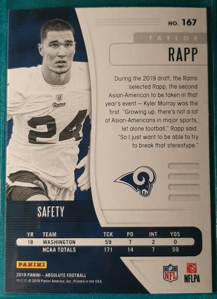 2019 PANINI ABSOLUTE TAYLOR RAPP ROOKIE #167 LOS ANGELES RAMS RC | eBay