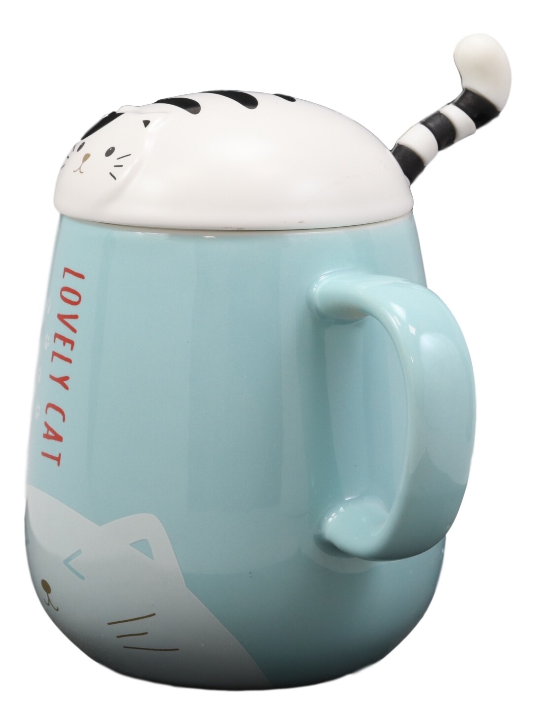Lovely Cat Paw Prints With Lid And Tail Spoon Blue Ceramic Coffee Tea ...