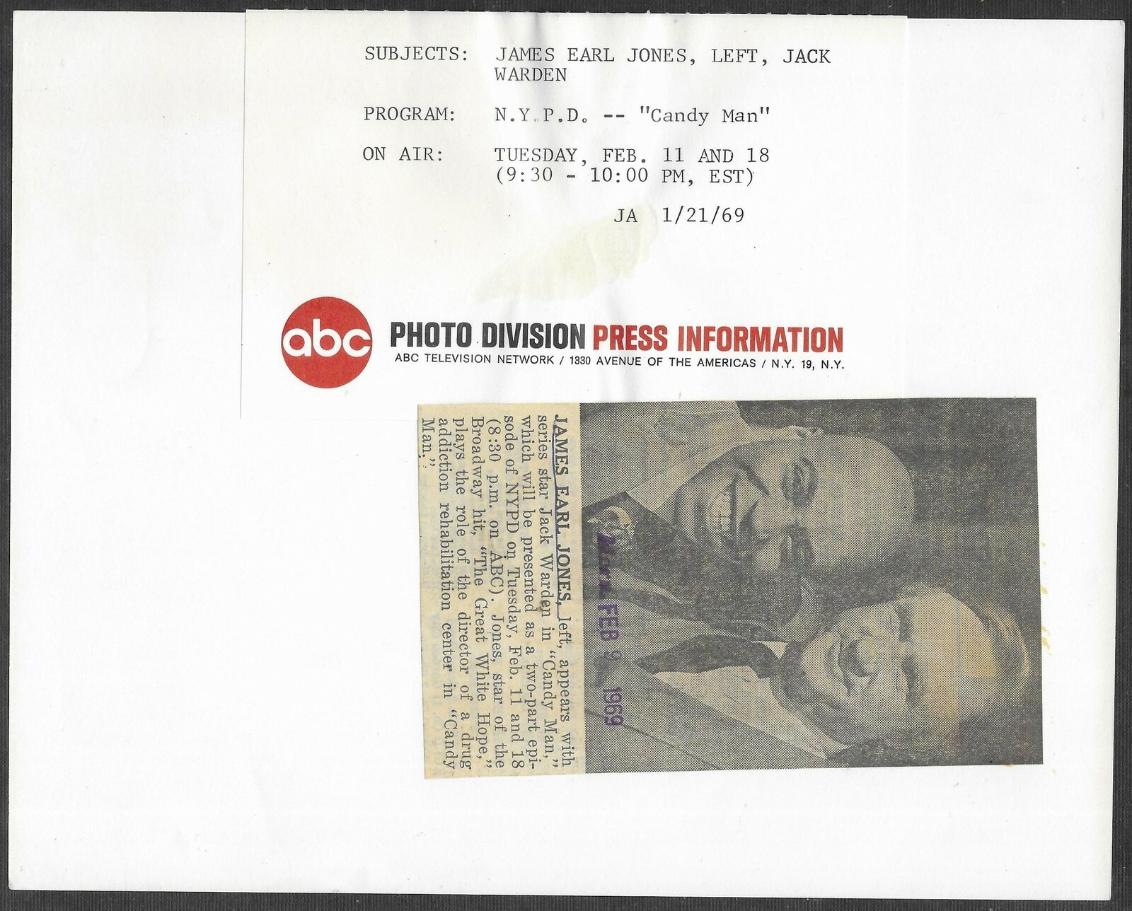 James Earl Jones Pre-Star Wars 1960s Original ABC-TV Promo Photo N.Y.P ...