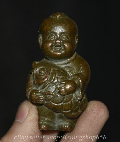 2.2" Old Chinese Copper Feng Shui Tong Zi Boy Fish Statue Sculpture | eBay