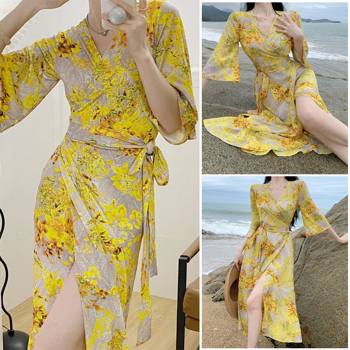 Womens Sexy Tea Dress Floral Print Half Sleeve Blouses Sexy Slit Maxi