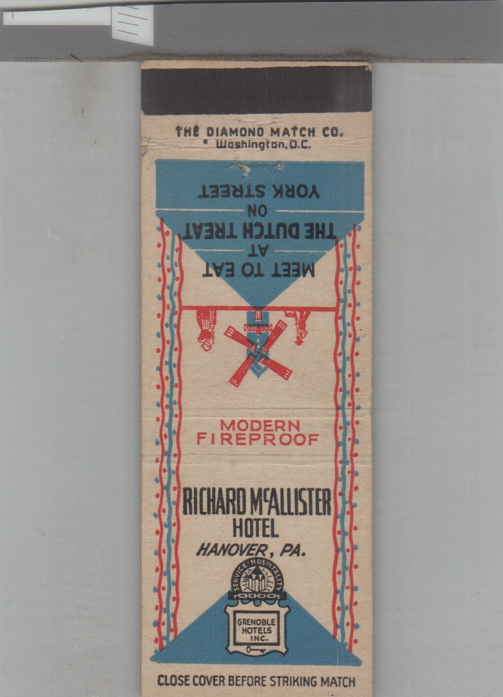 Matchbook Cover Windmill Richard McAllister Hotel Hanover, PA | eBay