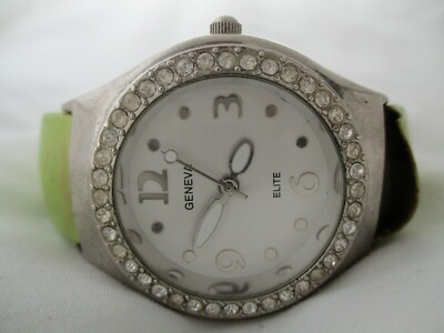 Geneva Elite Watch Green Cuff Band Round Silver Toned Face Rhinestones ...