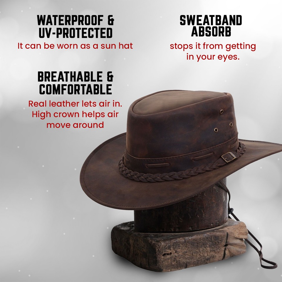 Outback Style Hat Genuine Leather Cowboy Hat - Shapeable Wide Brim ...