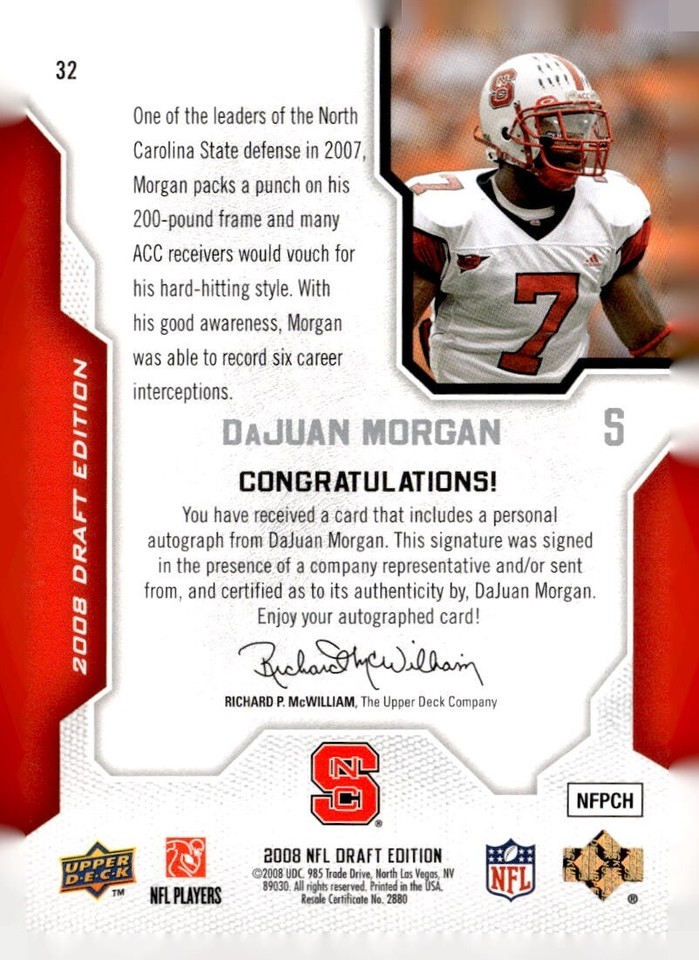 FB DaJuan Morgan 2008 Upper Deck Draft Edition Autographs Red #32 118/ ...