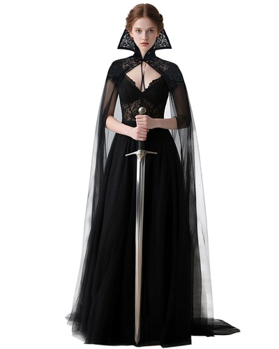 Black Vampire Cloak Stand-up Lace Collar Cape Gothic Tulle Witches Cape ...