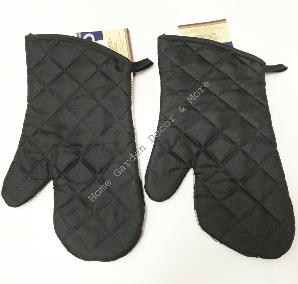 SET 2 Fabric Printed Kitchen Oven Mitts Mittens Gloves CHEF Black White ...