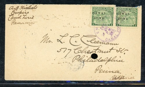 CANAL ZONE Postal History: LOT #15 1905 2c (#9x2) EMPIRE - PHILADELPHIA ...