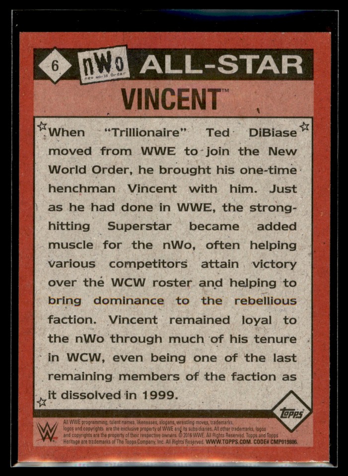 2016 Topps Heritage WWE Wrestling WCW/nWo All-Stars #6 Vincent - nWo | eBay