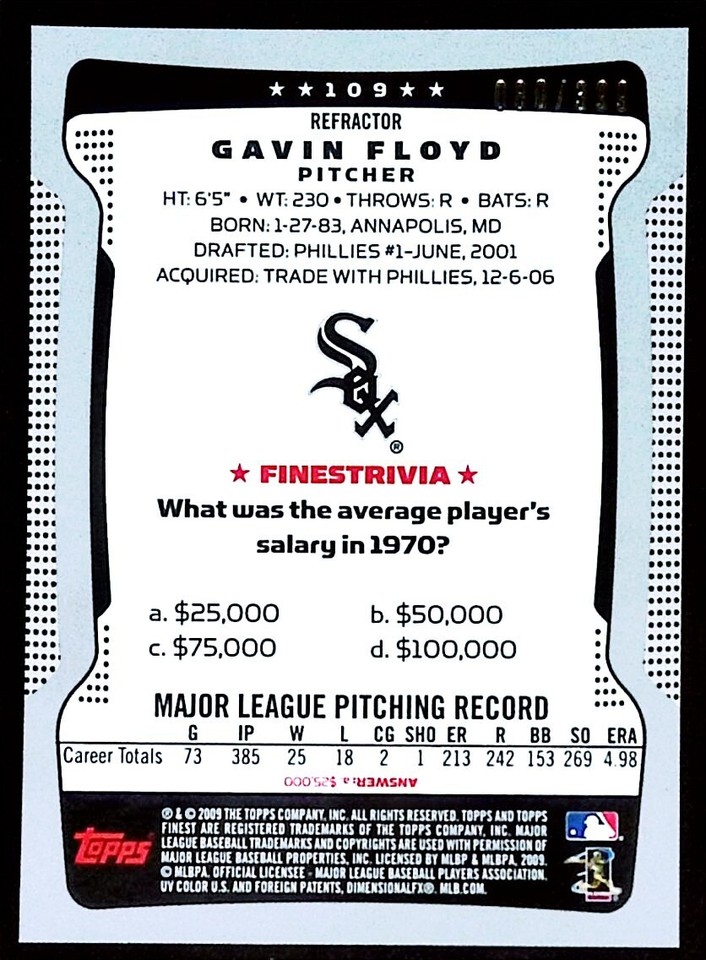 Gavin Floyd - 2009 Topps Finest #109 Blue Refractor #80/399 - White Sox ...