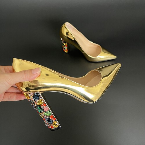New Gold Pointed Toe High Block Heels Shoes Pumps Sexy Women's Shoes ...