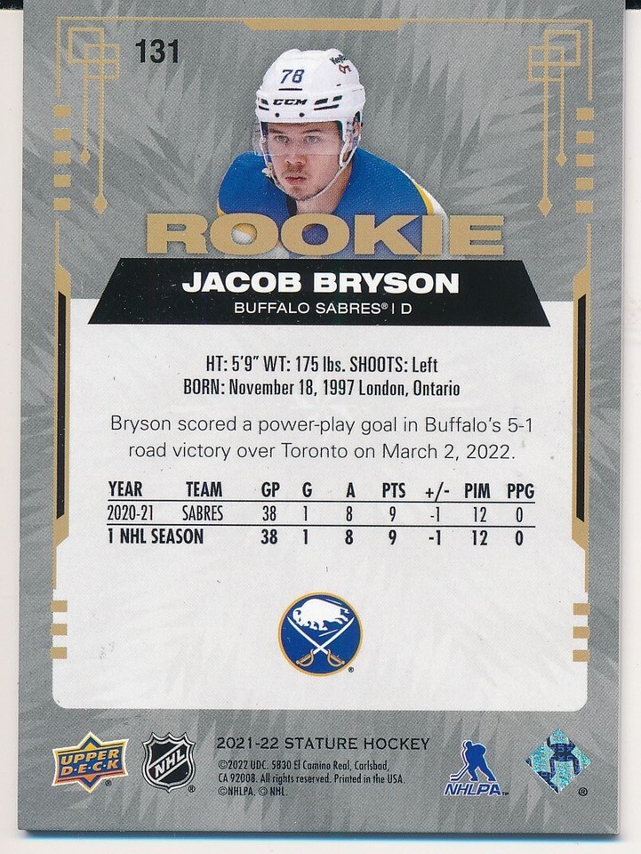 2021/22 Upper Deck Stature #131 Jacob Bryson Photo Variant Green Base ...