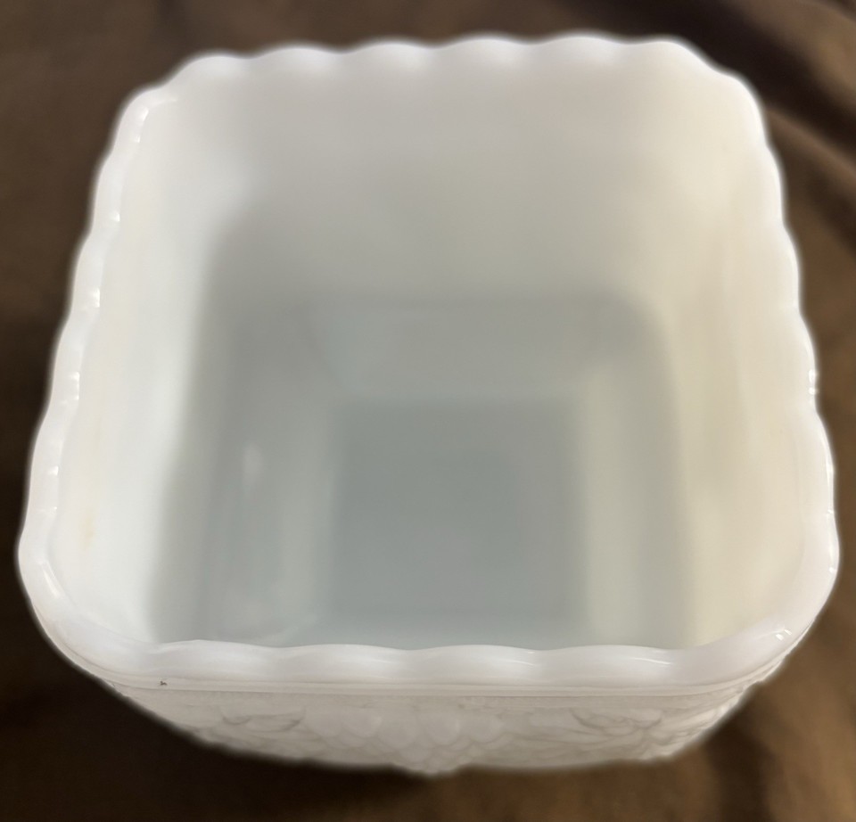 Vintage Anchor Hocking Grapes & Leaves Milk Glass 4.5” Square, Footed ...