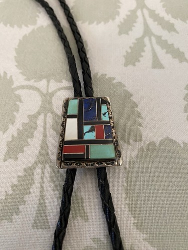 Zuni Handmade Sterling Silver Turquoise Onyx Coral Stone Inlay Leather ...