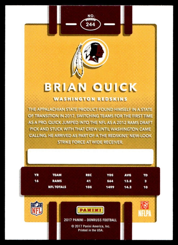 2017 Donruss #244 Brian Quick Washington Redskins | eBay