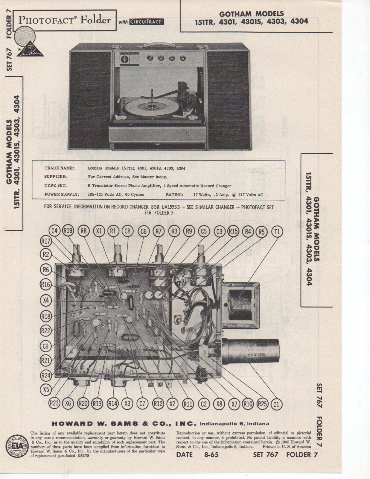 1965 GOTHAM 151TR RECORD PLAYER SERVICE MANUAL PHOTOFACT 4301 4301S ...