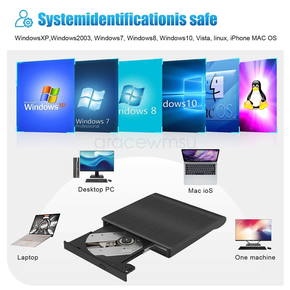 Slim External USB 3.0 DVD CD RW Writer Drive Burner Reader Player For ...