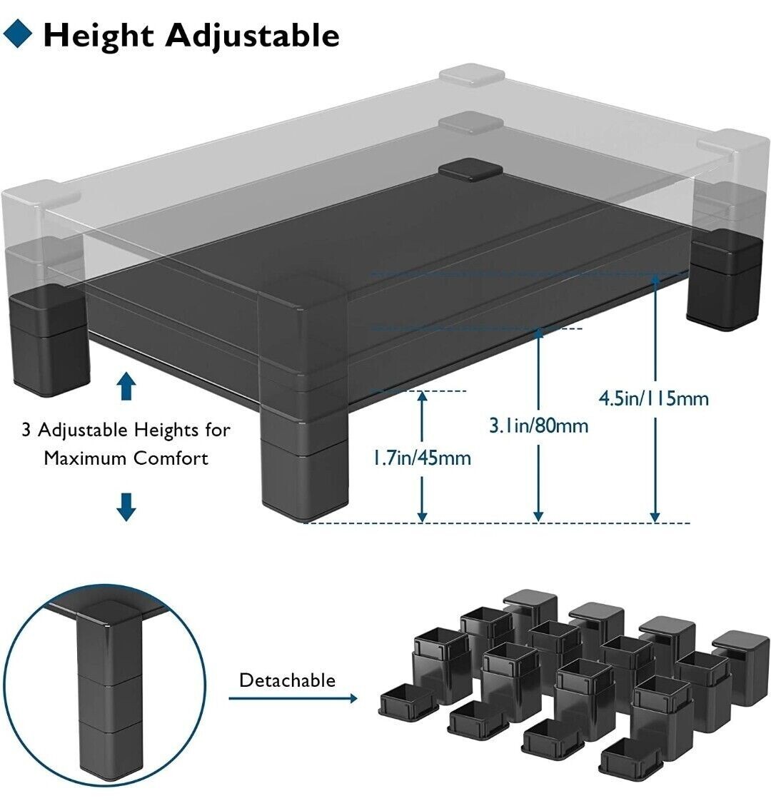 Monitor Stand Glass Top , 3 Height Adjustable Desk Riser Bontec | eBay UK