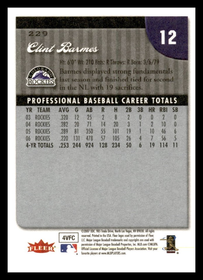 2007 Fleer #229 Clint Barmes Colorado Rockies Baseball Card NM | eBay