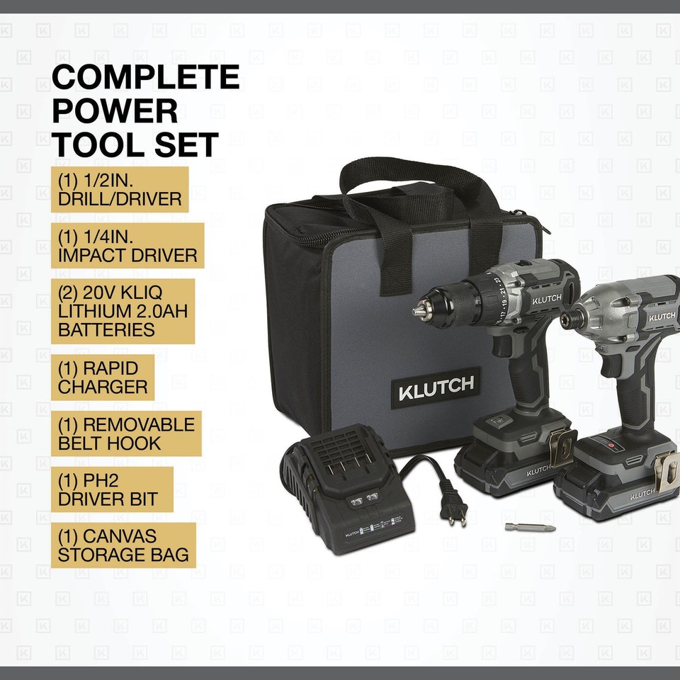 Klutch 1/2in. Drill/Driver and 1/4in. Impact Driver Kit, KLiQ 20V, Brushless, 840321756381| eBay