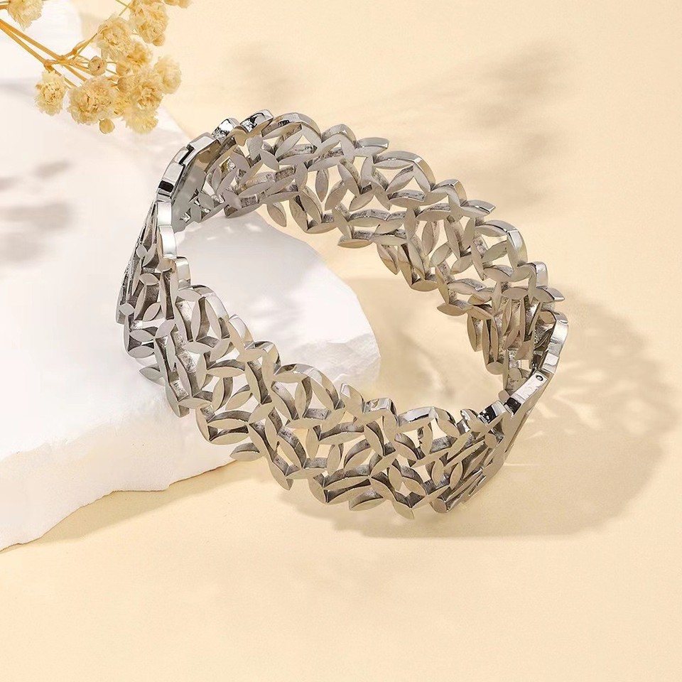 Chunky Leaves Wide Bangles Gold Plated Leaf Bracelet Contracted ...