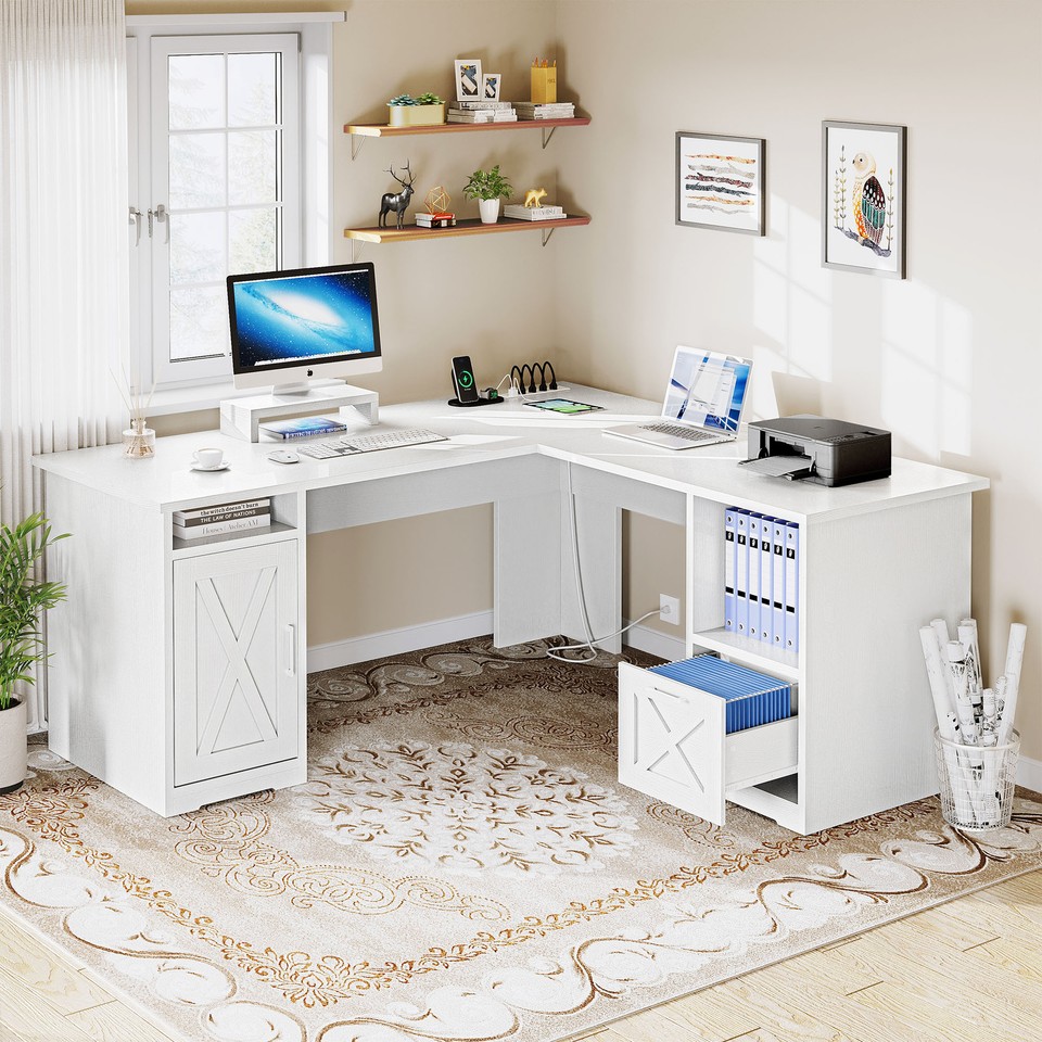 60 Inch L Shaped Desk with Power Outlets Corner Computer Desk with File ...