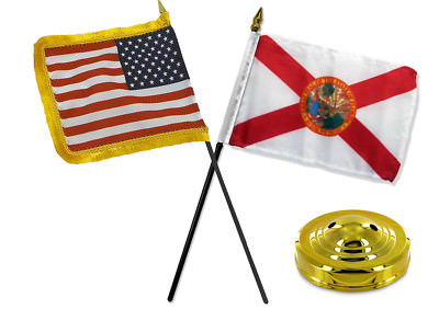 Florida State w/ USA American Gold Fringe Flag 4"x6" Desk Set Gold Base ...