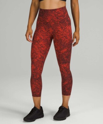 LULULEMON Wunder Train HR CROP 23" Denim Wash Print Autumn Red Black ...