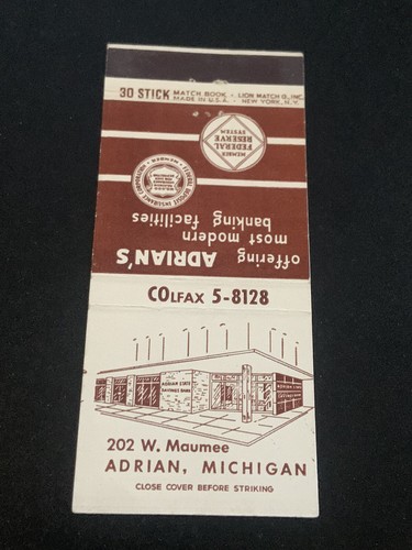 Vintage Michigan Matchbook “Adrian State Savings Bank” Adrian | eBay