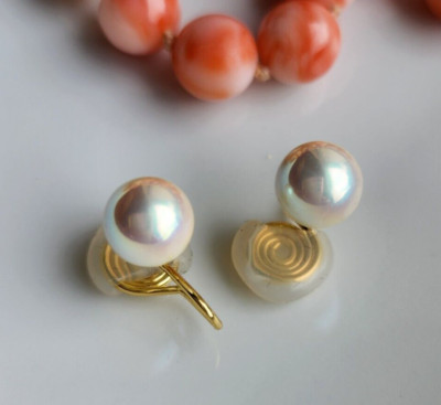 CLIP ON Japanese White Akoya Sea Shell 8mm Pearl 14K Yellow Gold Plated ...
