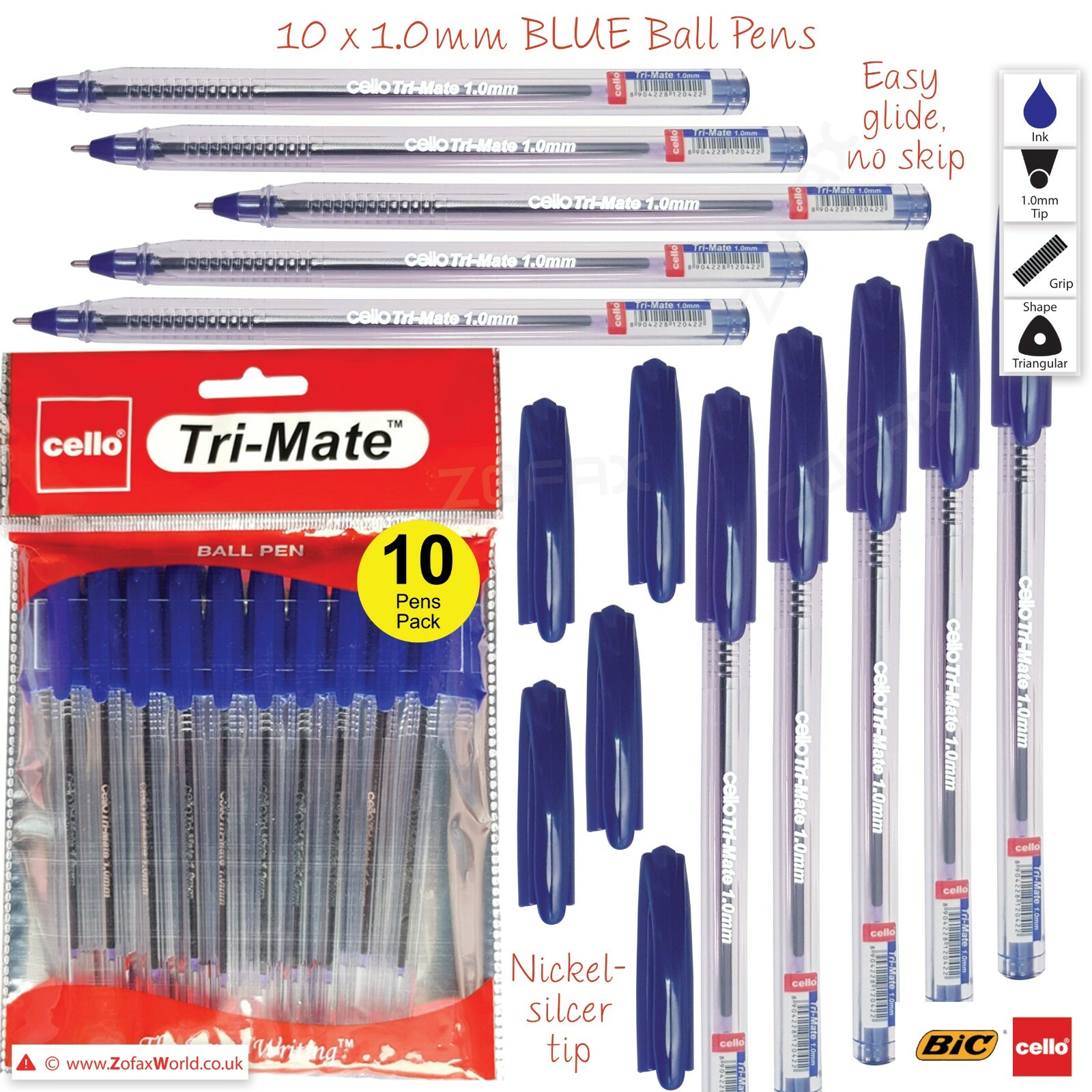 BIC CELLO Tri-Mate 1.0mm Medium BLUE Smooth Ballpoint Pens Triangular ...