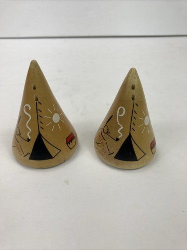 Vintage Salt and Pepper Shakers Wooden Teepee pipe smoker Aztec drum ...