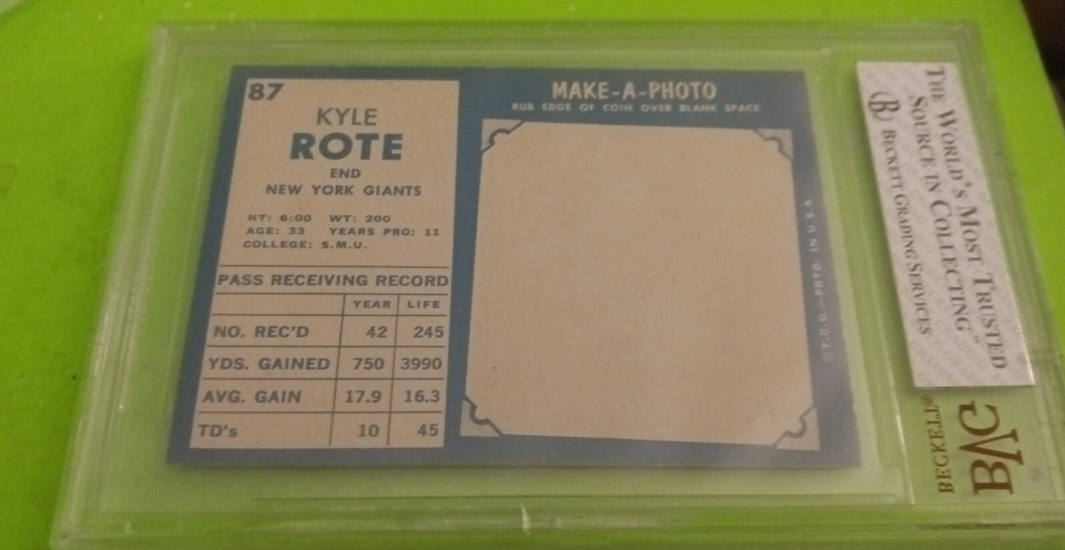1961 Kyle Rote Topps NFL Football Card.#87 BVG 6.5 EX-MT+ New York ...