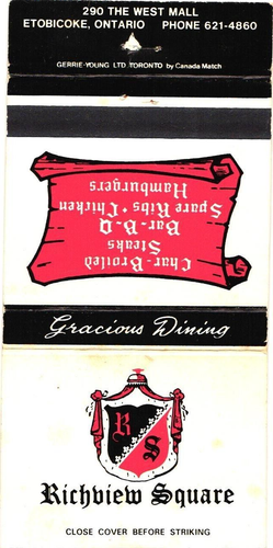 Richview Square, Gracious Dining, Char-Broiled Steaks Vintage Matchbook ...