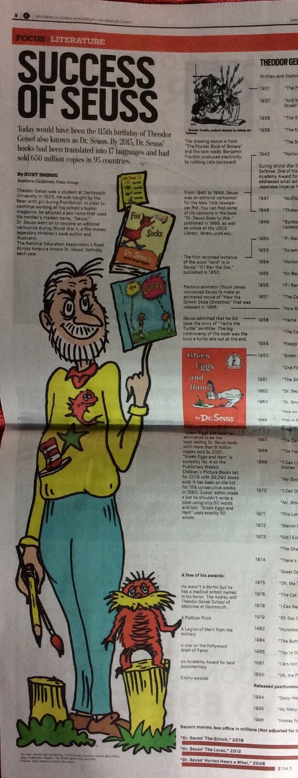 DR. SEUSS 115TH BIRTHDAY THEODOR GEISEL MARCH 2- 3 2019 CLIPPING MINI ...