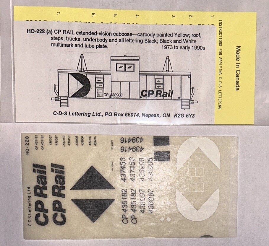 CDS HO SCALE DRY TRANSFERS-CP RAIL WIDE VISION CABOOSE-YELL (1973-90’s ...