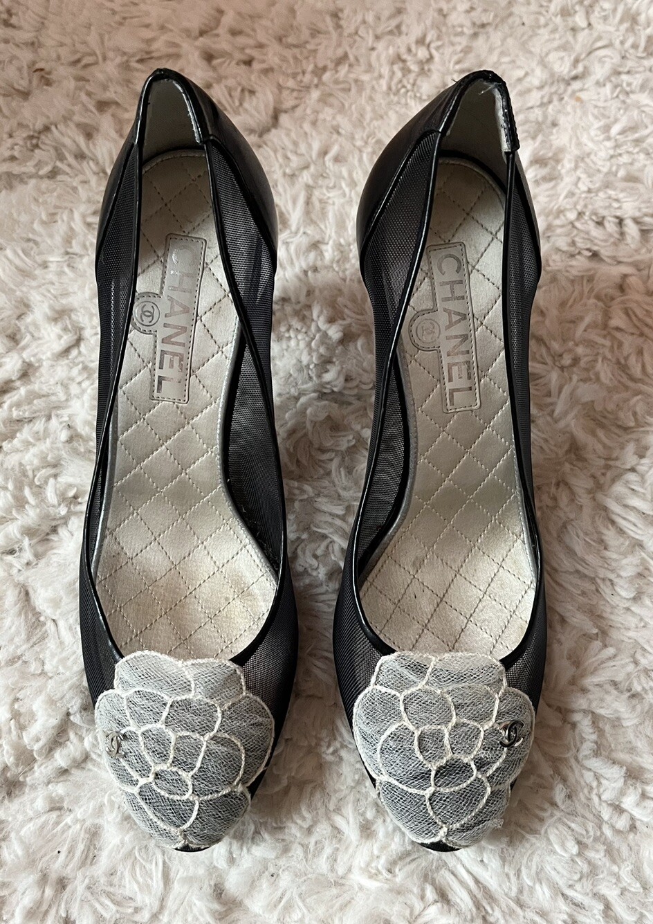Authentic Chanel 2009 Mesh Camelia Flower Heels Black… - Gem