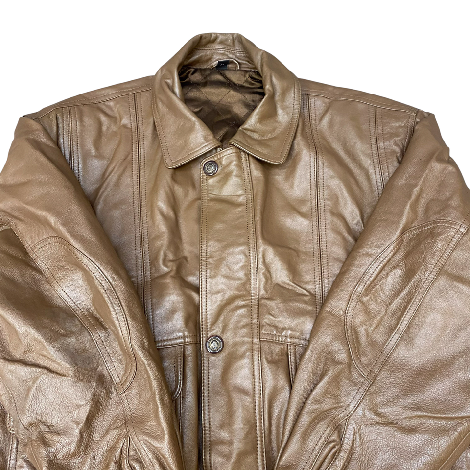 Mens Leather Jacket Large Brown Quilted Lined Collared Snap Button Full ...